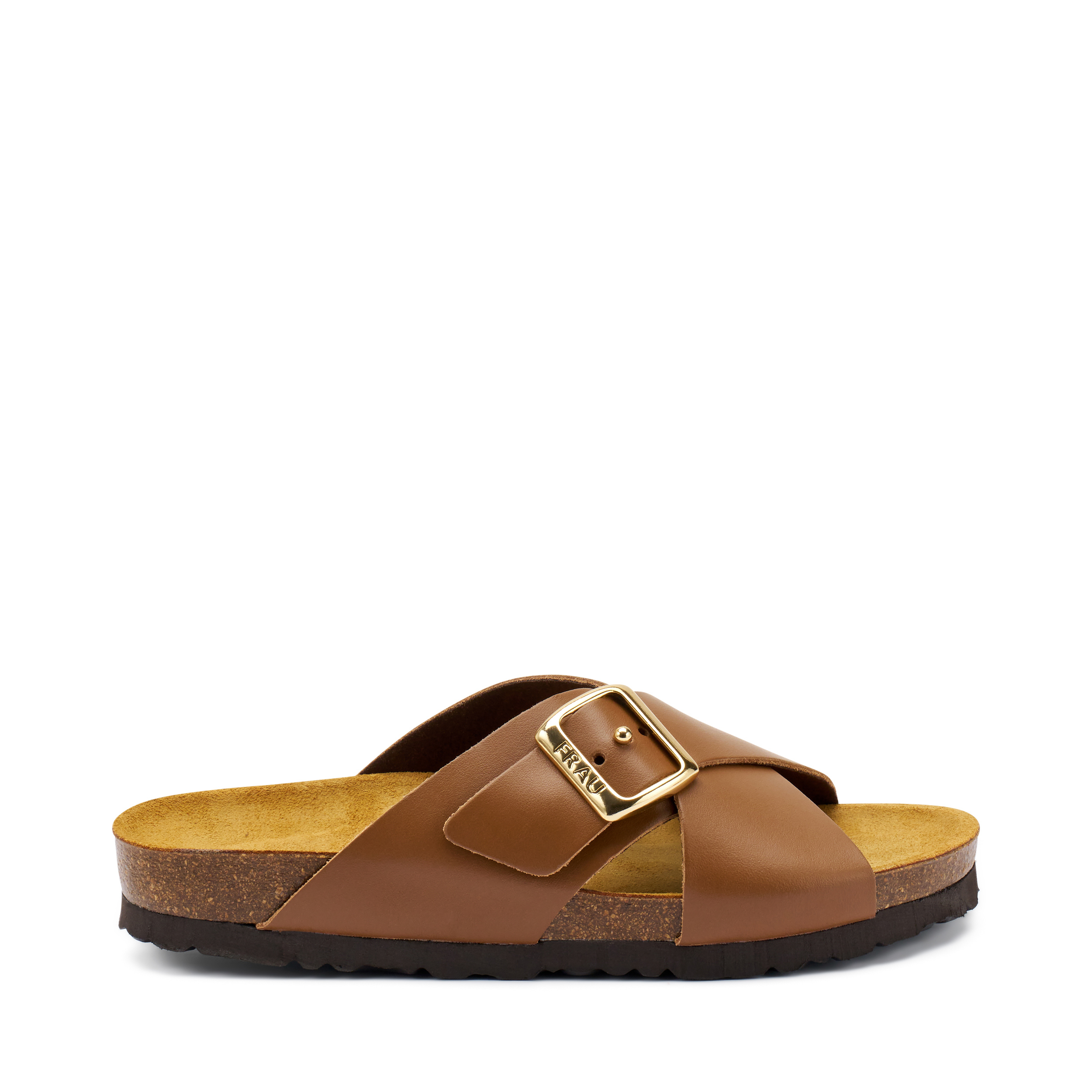 Leather crossover-strap sliders, Col. Brown | Frau