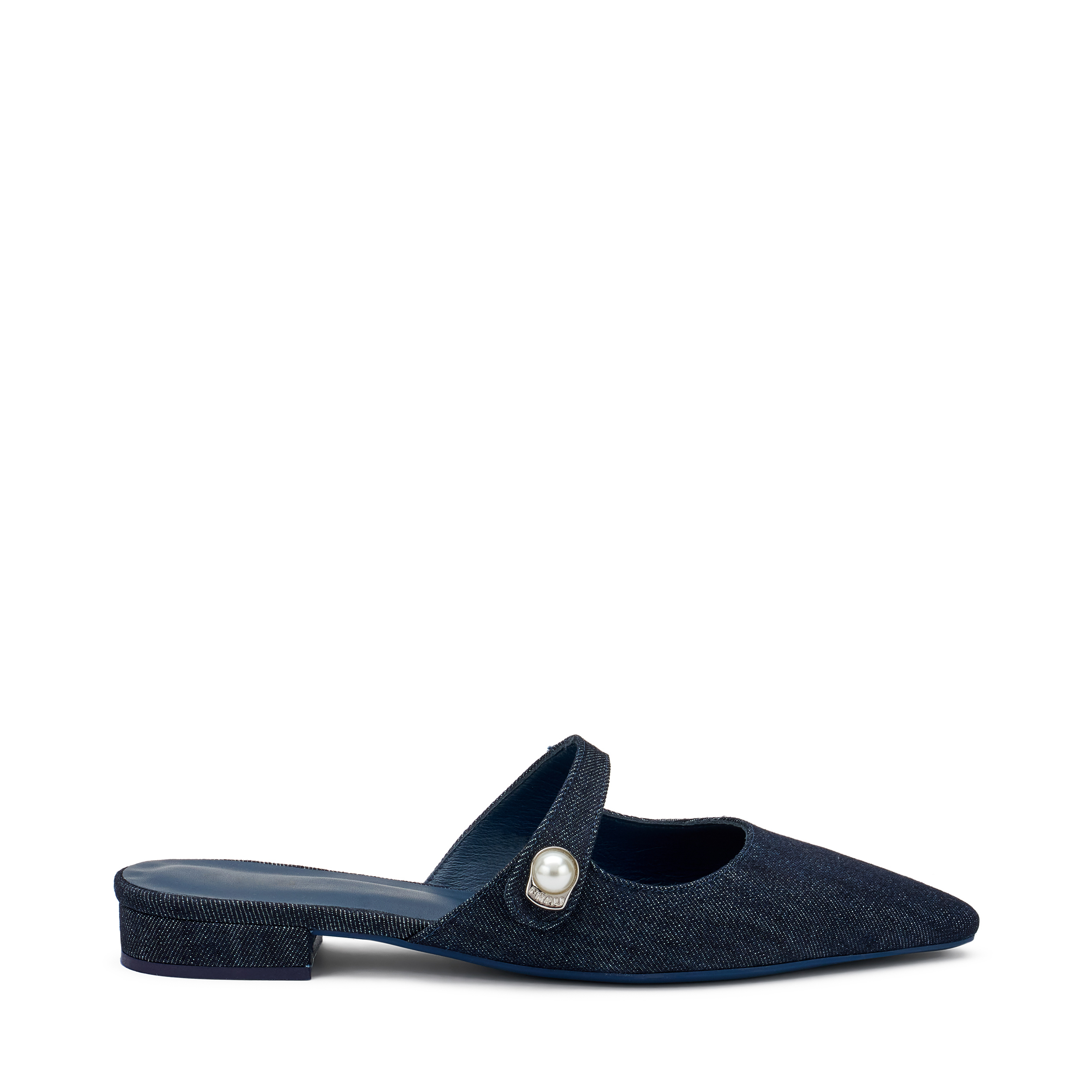 Denim mules with bejewelled pearl detail, Col. Blue | Frau