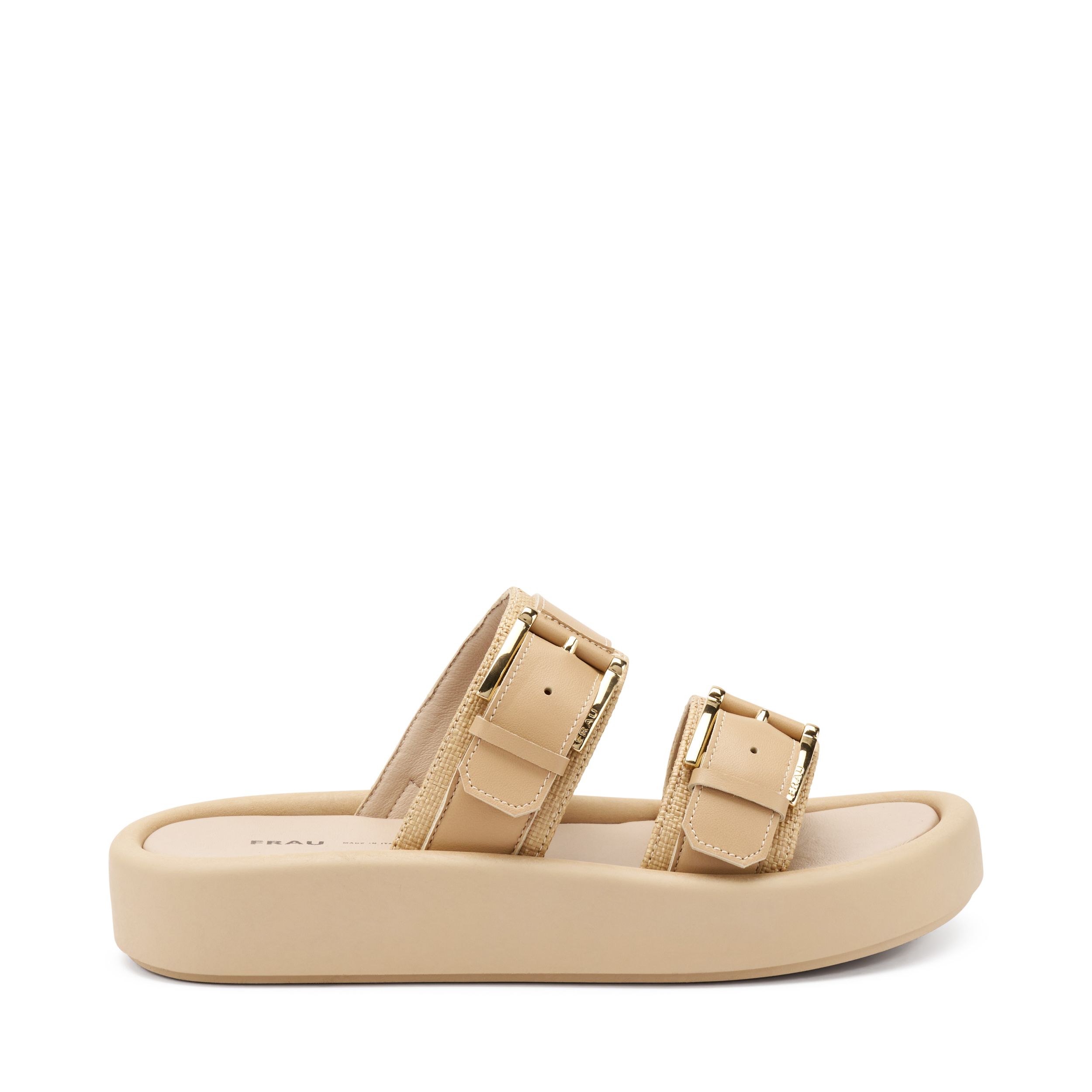 Raffia and leather flatform sliders, Col. Beige | Frau